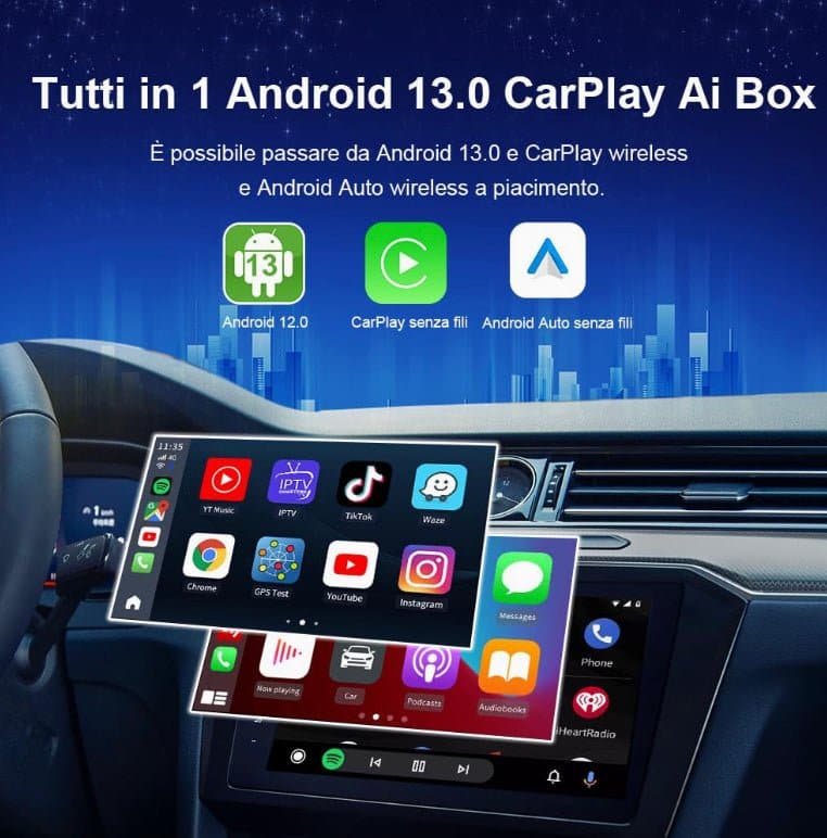 AI BOX ANDROID 13 WIRELESS CARPLAY WIRELESS ANDROID AUTO SCATOLETTA MA ...