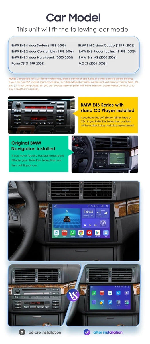 CTB- SR091J | BMW SERIE 3 E46 MONITOR 9 POLLICI | APPLE CARPLAY ANDROI ...